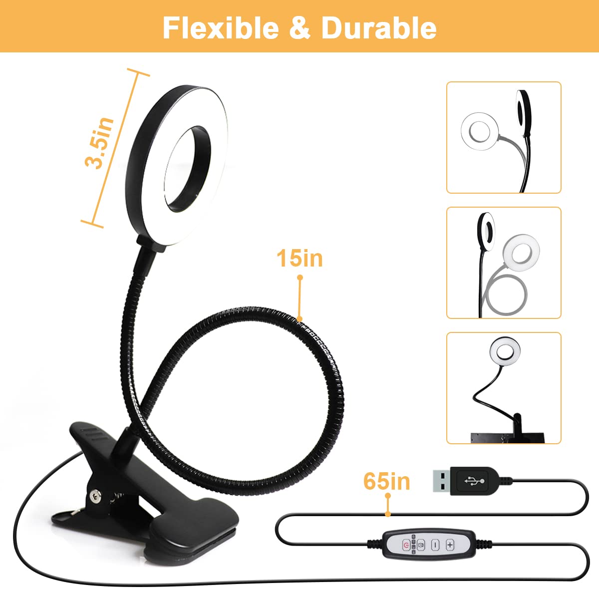 Clip on Light Eye Caring Reading Light, 1600k 23 LED USB Desk Lamp with Flexible Gooseneck & Timer Setting 4/8/12/18H,5 Dimmable Levels Clamp Ring Lamp for Reading in Bed/Artwork/Bedside