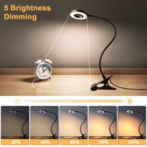 Clip on Light Eye Caring Reading Light, 1600k 23 LED USB Desk Lamp with Flexible Gooseneck & Timer Setting 4/8/12/18H,5 Dimmable Levels Clamp Ring Lamp for Reading in Bed/Artwork/Bedside