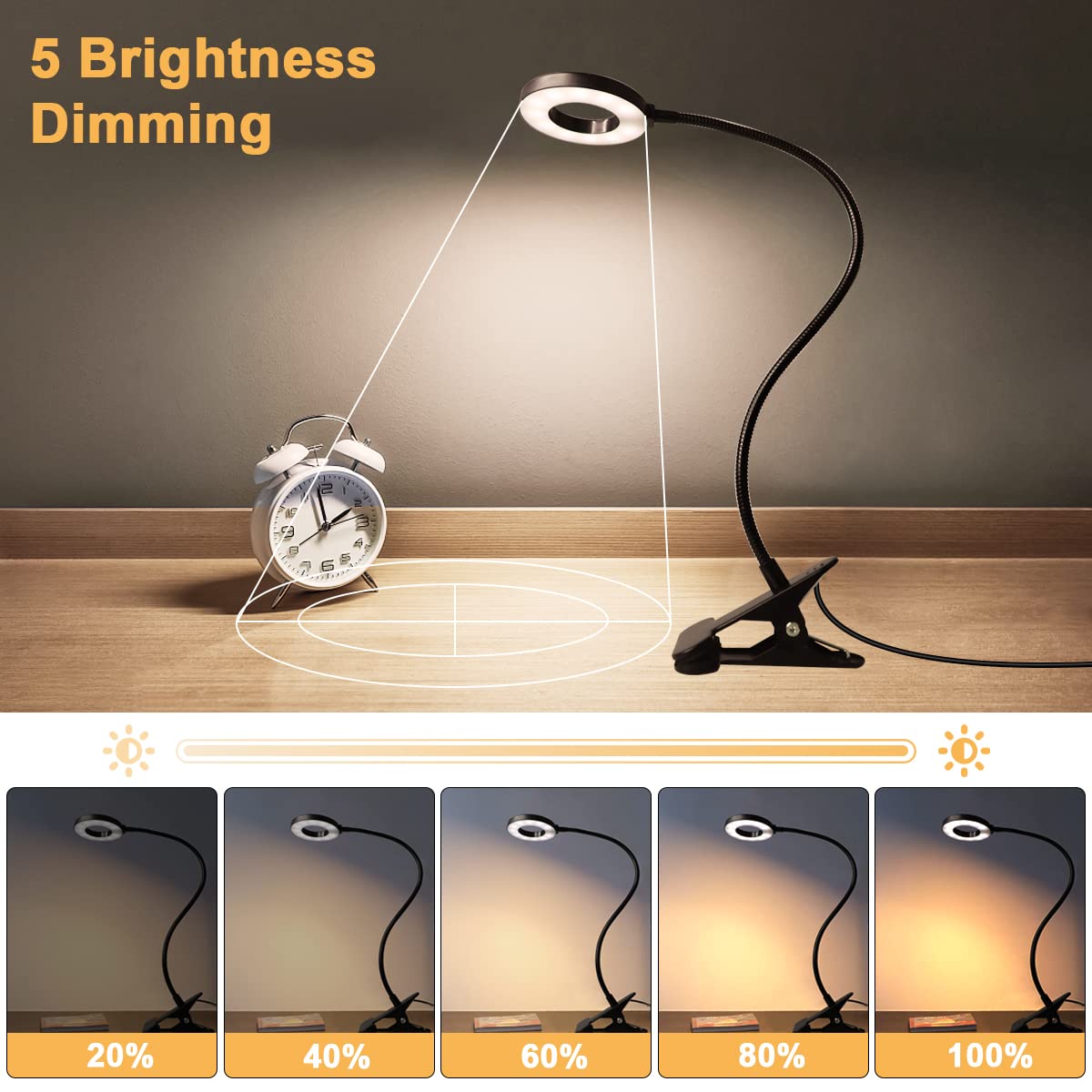 Clip on Light Eye Caring Reading Light, 1600k 23 LED USB Desk Lamp with Flexible Gooseneck & Timer Setting 4/8/12/18H,5 Dimmable Levels Clamp Ring Lamp for Reading in Bed/Artwork/Bedside