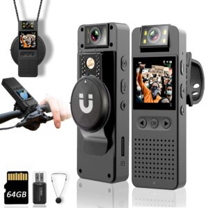 body camera with 1080p hd recording 1.4 in screen recorder with 64gb card, flashlight mode, loop record, 6hr battery life wearable cameras police cop cam for outdoor, law enforcement, guard, travel