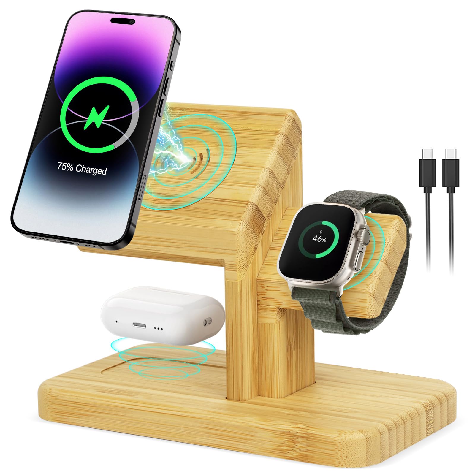 3 in 1 Wireless Charging Station for Apple Devices, CAIROCK Fast 20W Magnetic Bamboo Charger Stand Dock for iPhone 15/14/13/12 Pro/Max/Plus, for Apple Watch 8/7/6/5/4/3/2/SE, for Airpods Pro/2/3