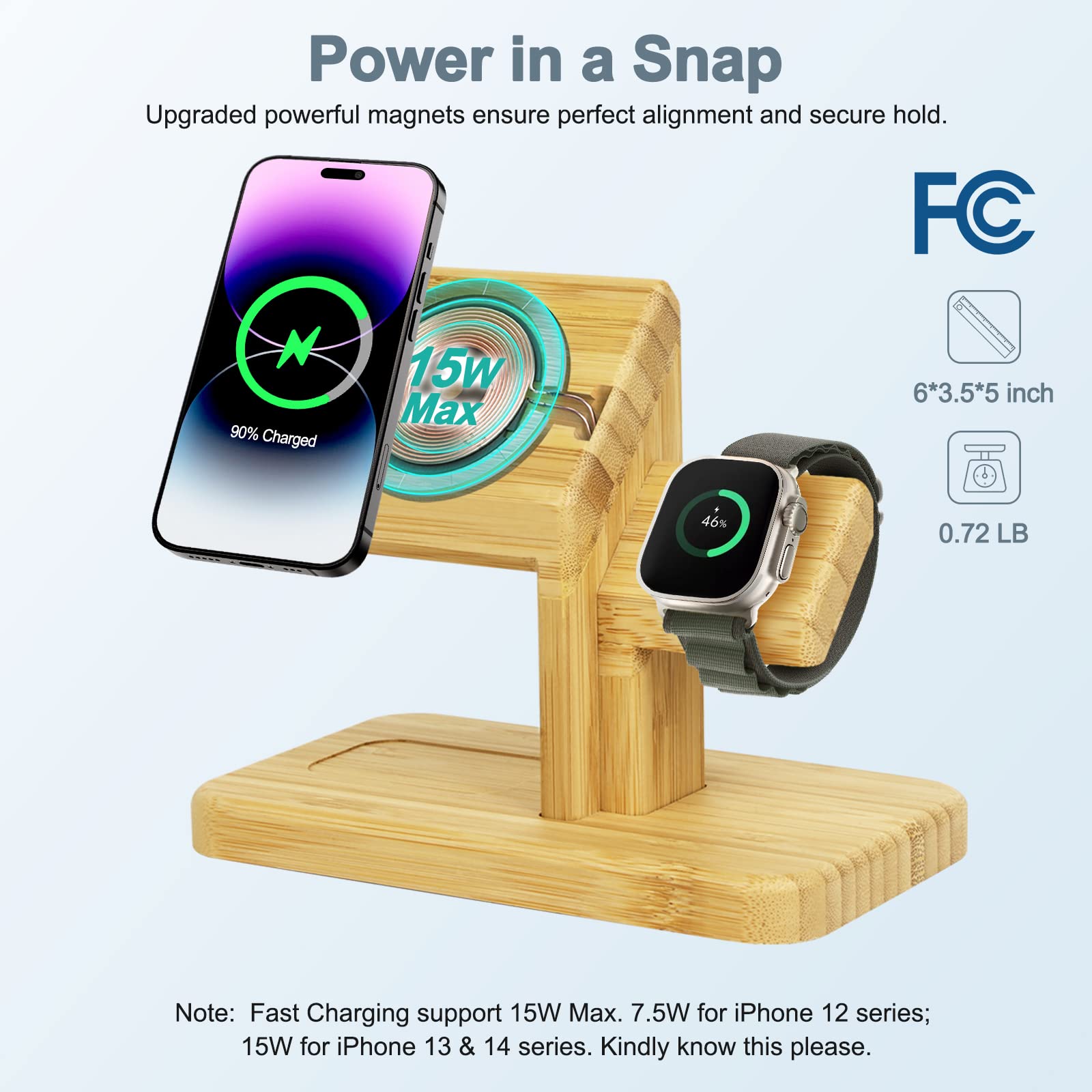 3 in 1 Wireless Charging Station for Apple Devices, CAIROCK Fast 20W Magnetic Bamboo Charger Stand Dock for iPhone 15/14/13/12 Pro/Max/Plus, for Apple Watch 8/7/6/5/4/3/2/SE, for Airpods Pro/2/3