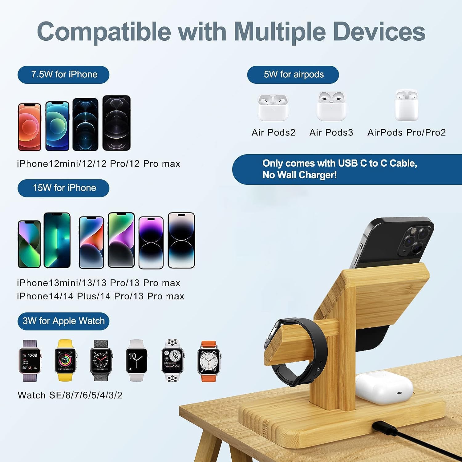 3 in 1 Wireless Charging Station for Apple Devices, CAIROCK Fast 20W Magnetic Bamboo Charger Stand Dock for iPhone 15/14/13/12 Pro/Max/Plus, for Apple Watch 8/7/6/5/4/3/2/SE, for Airpods Pro/2/3