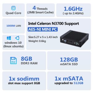 VNOPN Micro Firewall Appliance N3700 Quad Core, 2.5GbE Intel 4 Ports Dual HD, Fanless Mini PC 8GB DDR3 128GB mSATA SSD, Network Router Box, RS232 COM, Support AES NI Windows 10