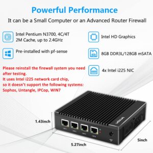 VNOPN Micro Firewall Appliance N3700 Quad Core, 2.5GbE Intel 4 Ports Dual HD, Fanless Mini PC 8GB DDR3 128GB mSATA SSD, Network Router Box, RS232 COM, Support AES NI Windows 10