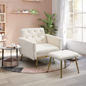 kinffict velvet accent sofa chair with ottoman, upholstered comfy lounge armchair with adjustable armrests and backrest, living room single recliner with tufted button back, cream white teddy