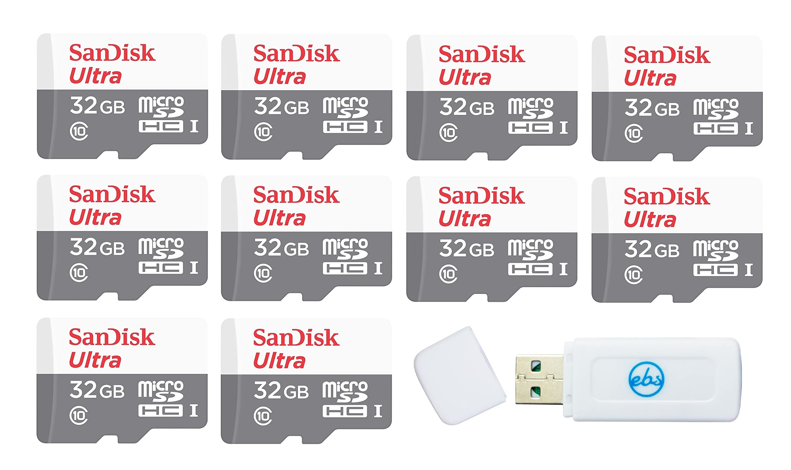 Sandisk 32GB 32G Micro SDHC Ultra (10 Pack) MicroSD TF Flash Memory Card High Speed Class 10 SDSQUNR-032G-GN3MN with Everything But Stromboli Memory Card Reader