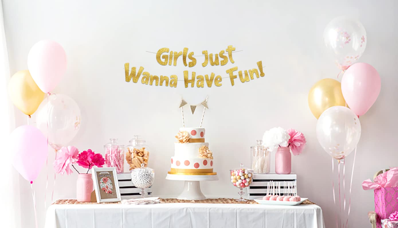 Girls Just Wanna Have Fun Neon Gold Glitter Banner – Bachelorette Party – Girls Birthday – Slumber Party – Pajama Party – Girls Night Out Decorations, Supplies, Favors and Gifts