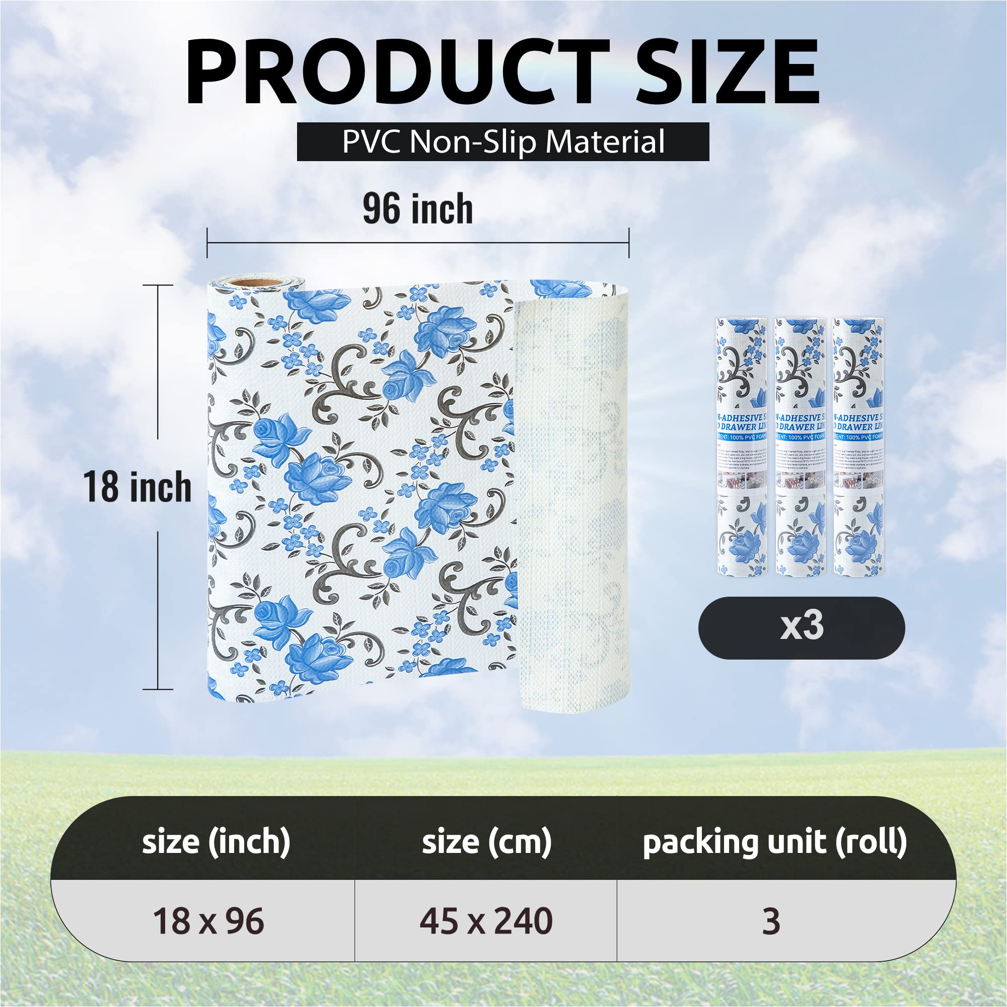 FIFTY FEET 18X96 Inch Shelf Liner for Kitchen Cabinets, PVC Drawer Liner for Dresser Non-Slip Bathroom, Non-Adhesive Cabinet Liner Washable (Blue Floral)(3 Roll)