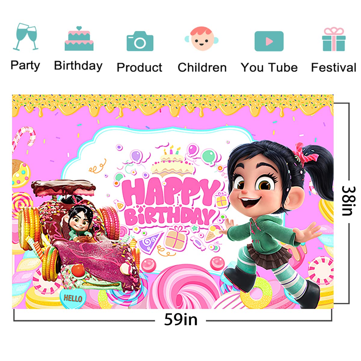 Princess Vanellope Backdrop for Birthday Party Supplies Wreck It Ralph Banner for Party Decorations Vanellope Von Schweetz Baby Shower Photo Background 59x38in