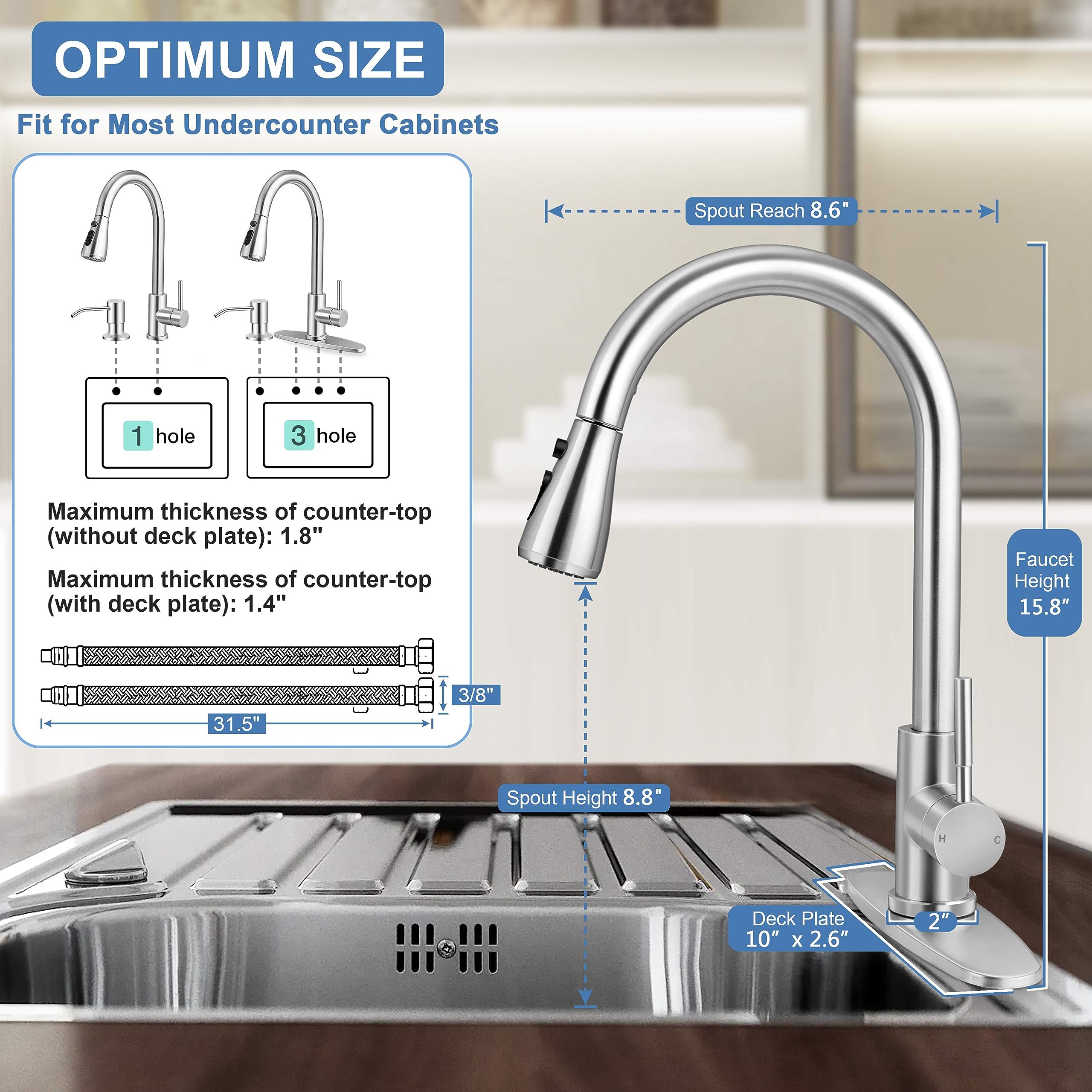 Homikit Kitchen Sink Faucet with Pull Down Sprayer & Soap Dispenser, Brushed Nickel Stainless Steel Kitchen Faucet with Deck Plate, High Arc Single Handle Sink Faucet for Utility Rv Laundry