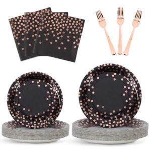 cenlbj black and rose gold party supplies,disposable party dinnerware,black rose golden dot paper plates,napkins,forks forweddings birthday graduation decor serve 25