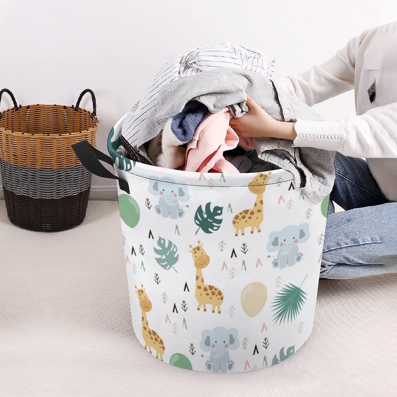 HoaMoya Collapsible Jungle Animals Cartoon Laundry Basket Giraffe Elephant Leaf Freestanding Laundry Hamper With Handles Large Waterproof Cloth Toy Storage Bin for Household Bedroom Bathroom