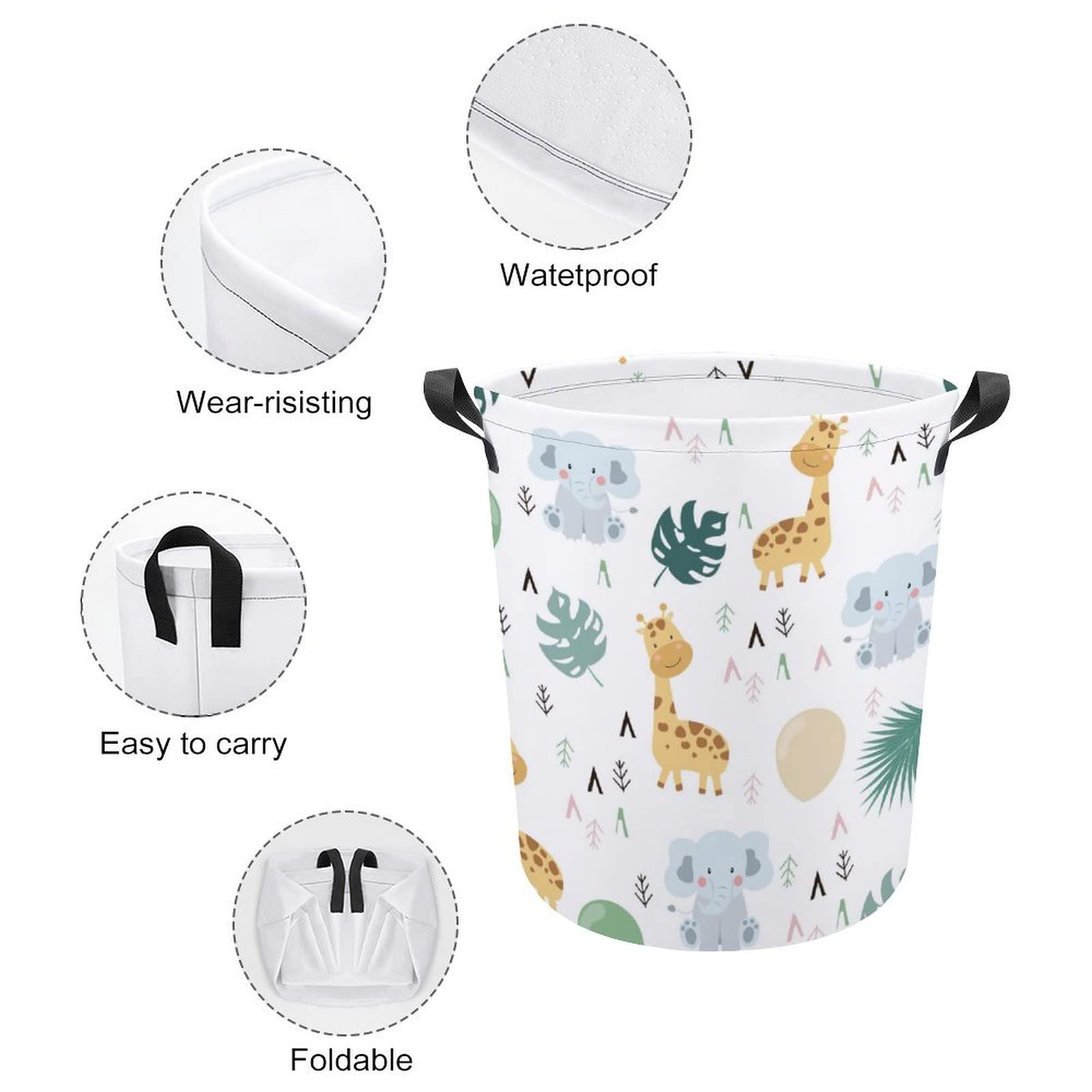 HoaMoya Collapsible Jungle Animals Cartoon Laundry Basket Giraffe Elephant Leaf Freestanding Laundry Hamper With Handles Large Waterproof Cloth Toy Storage Bin for Household Bedroom Bathroom