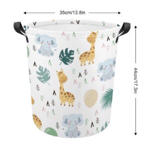 HoaMoya Collapsible Jungle Animals Cartoon Laundry Basket Giraffe Elephant Leaf Freestanding Laundry Hamper With Handles Large Waterproof Cloth Toy Storage Bin for Household Bedroom Bathroom