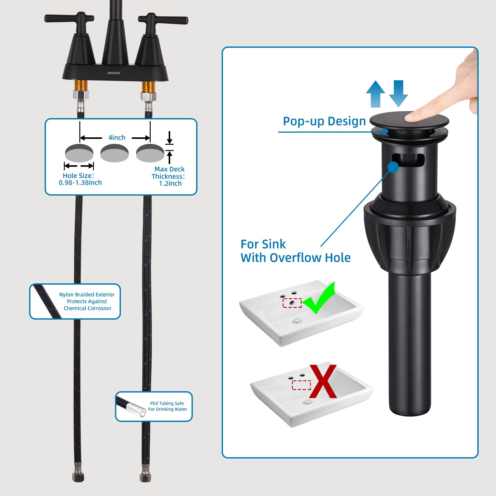 Matte Black Bathroom Sink Faucet, SBOSBO 4 Inch Bathroom Faucet for Sink 3 Hole, 2 Handle Sink Faucet with Pop Up Drain Assembly and 2 Water Supply Hoses for RV Bathroom Vanity