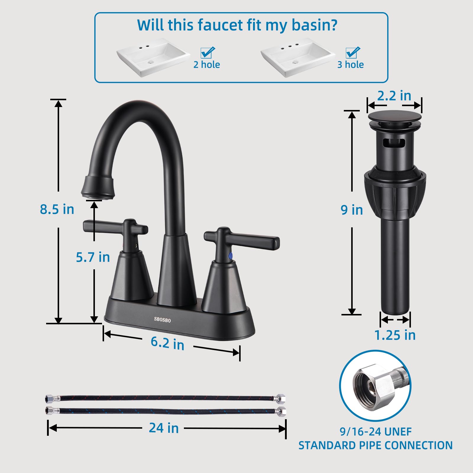 Matte Black Bathroom Sink Faucet, SBOSBO 4 Inch Bathroom Faucet for Sink 3 Hole, 2 Handle Sink Faucet with Pop Up Drain Assembly and 2 Water Supply Hoses for RV Bathroom Vanity