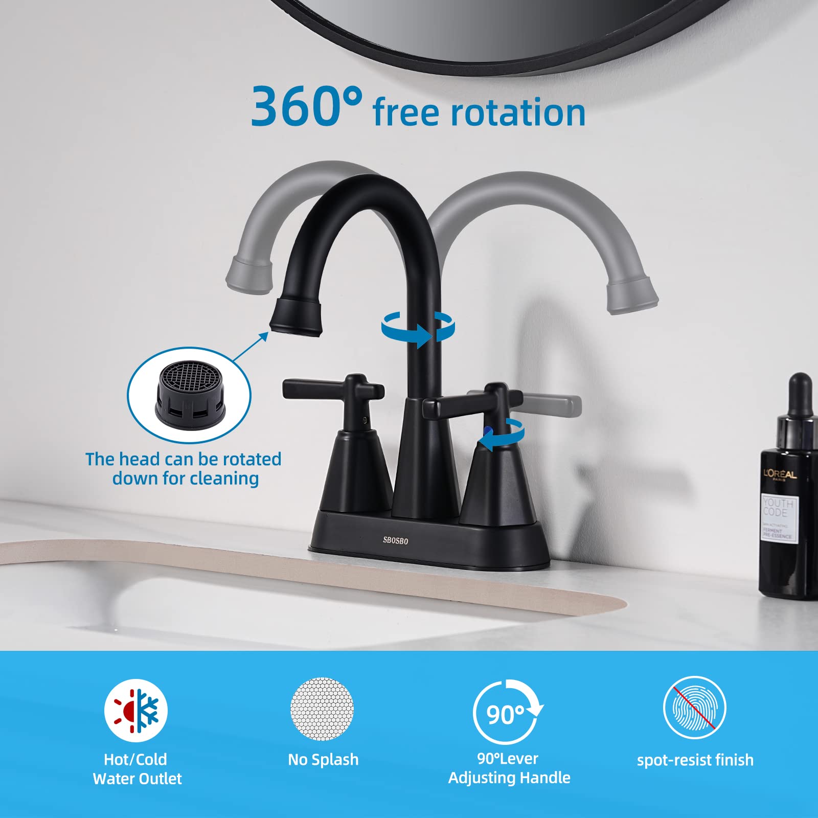 Matte Black Bathroom Sink Faucet, SBOSBO 4 Inch Bathroom Faucet for Sink 3 Hole, 2 Handle Sink Faucet with Pop Up Drain Assembly and 2 Water Supply Hoses for RV Bathroom Vanity