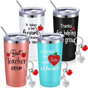 yinder 8 pcs teacher appreciation gifts with 4 pcs 12 oz teacher tumbler stainless steel mug with 4 heart keychain for teacher week, thank you gifts end of the year teacher mug for women men(apple)