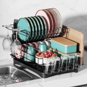 lamstom dish drying rack for kitchen organization, 2 tier large dish rack with drainage/wine glass holder/utensil holder, bottle drying rack drainboard set for countertop, corners, windowsills(black)