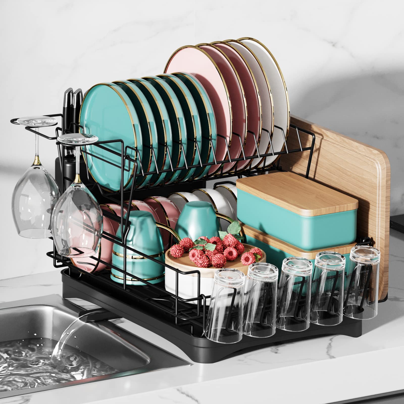 LAMSTOM Dish Drying Rack for Kitchen Organization, 2 Tier Large Dish Rack with Drainage/Wine Glass Holder/Utensil Holder, Bottle Drying Rack Drainboard Set for Countertop, Corners, Windowsills(Black)