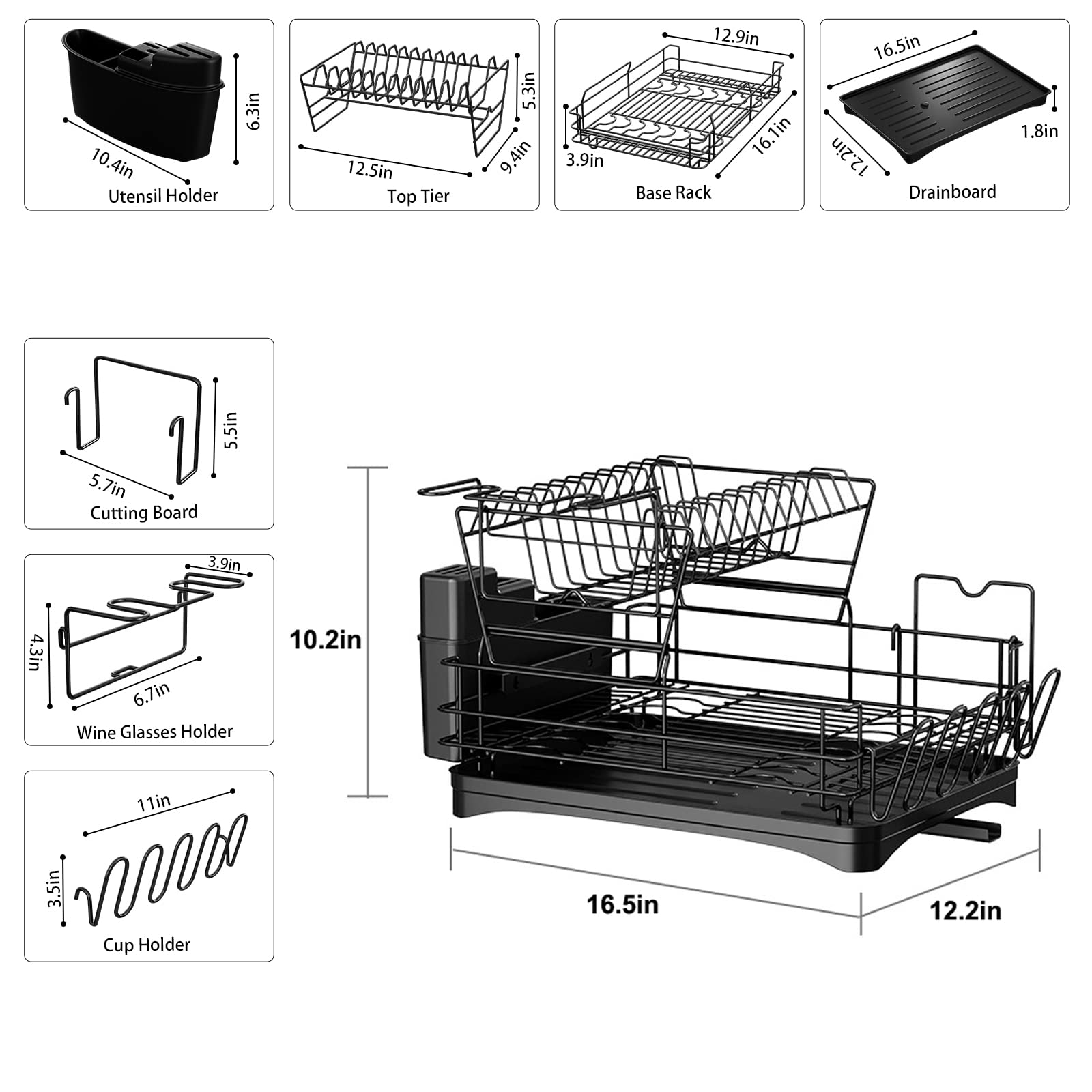 LAMSTOM Dish Drying Rack for Kitchen Organization, 2 Tier Large Dish Rack with Drainage/Wine Glass Holder/Utensil Holder, Bottle Drying Rack Drainboard Set for Countertop, Corners, Windowsills(Black)