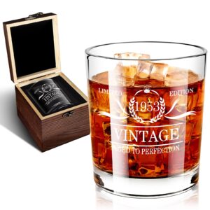 beyond ms 70th birthday gifts for men - 70th birthday decorations for men - 1953 whiskey glass in valued wooden box - anniversary ideas for him, dad, husband, friends - 12oz whiskey glass