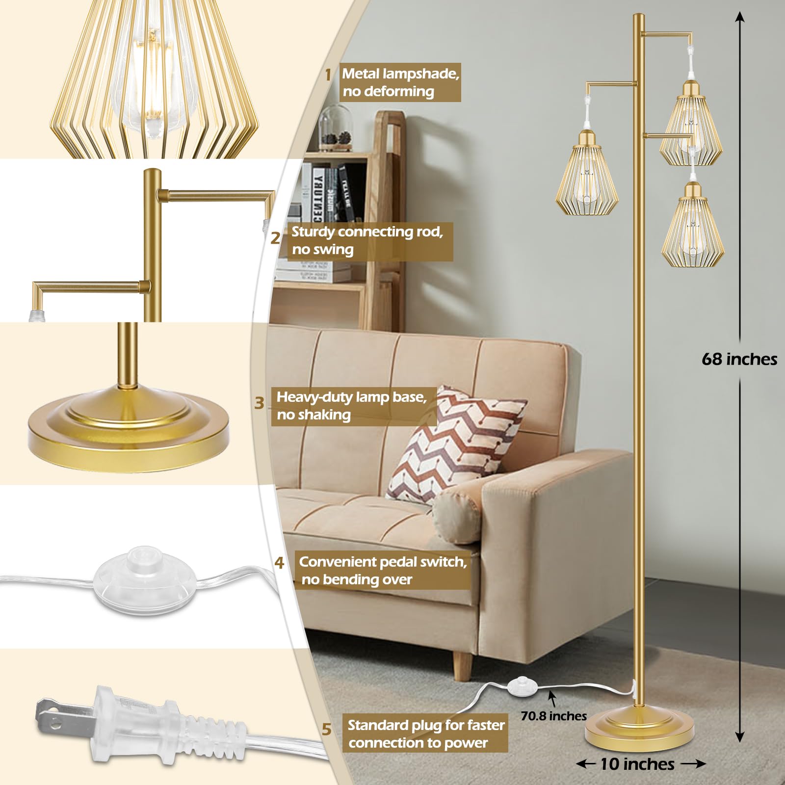 QiMH Industrial Floor Lamps for Living Room, Tree Standing Lamp with 3 Teardrop Cage Shades, 68" Modern Tall Lamps for Bedroom Office Home Light Decor, E26 Socket, Pedal Switch, Brass Gold