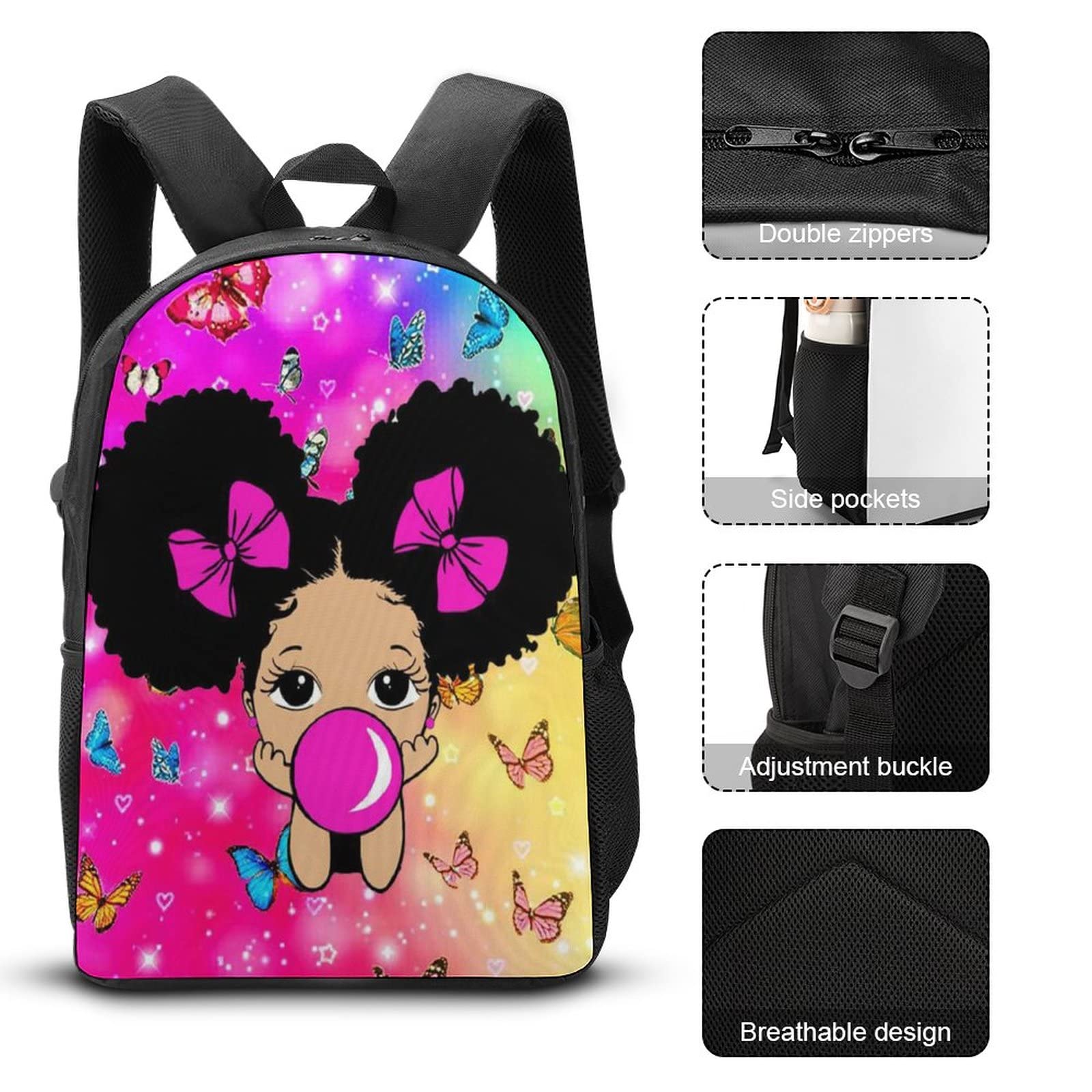 JYSDZSE African Girls 3D Printed Backpack 17 Inch Set School Bag/Crossbody/Pencil Bag Three Piece Backpack for Men and Women