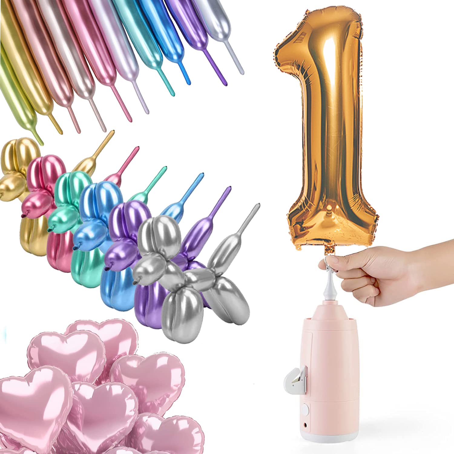 Electric Magic Balloon Pump, Electric Air Inflator Party Air Blower Pump with 1 Nozzle 1 Balloon Cutter and 10 Pcs Long Balloons,Great for Twisty Curly Balloon, Foil Balloons (Pink)