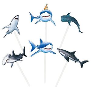 wernnsai shark cupcake toppers - 36 pcs shark party cake toppers for kids boys ocean shark themed party birthday shark cupcake decorations baby shower beach party supplies