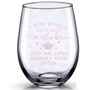 juwnmant retirement gifts for women, a wise woman once said i'm outta here and she lived happily ever after stemless wine glasses, funny resignation gifts for colleagues, funny wine glasses for women