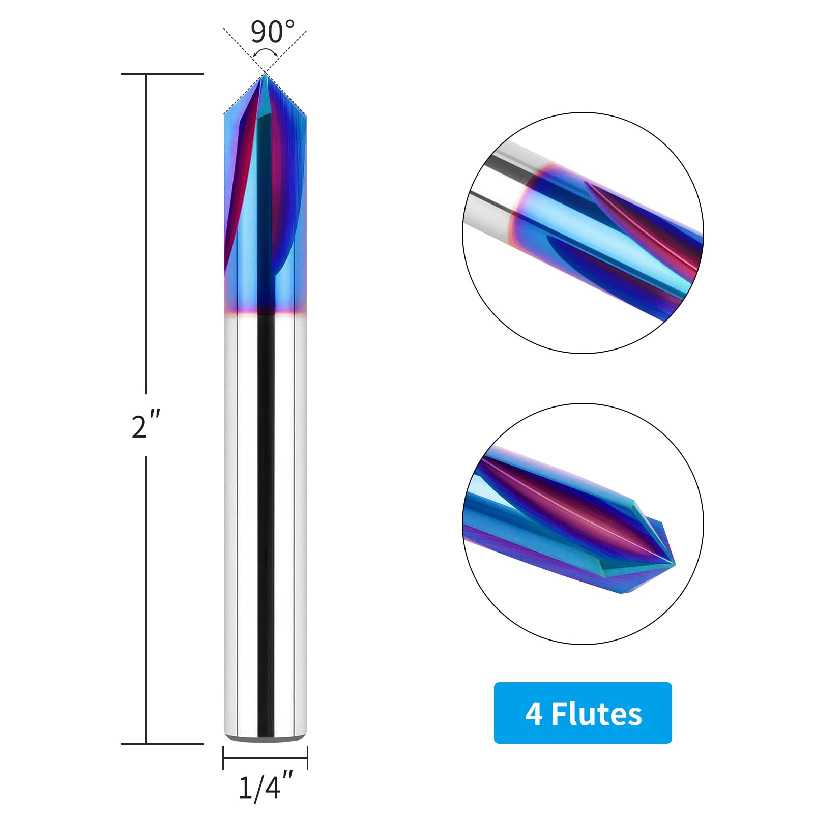 EANOSIC 90 Degree V Bit 1/4" Shank, Carbide CNC Chamfer End Mill, 4-Flute V Groove Router Bit with Blue Nano Coating for Wood CNC Engraving Carving