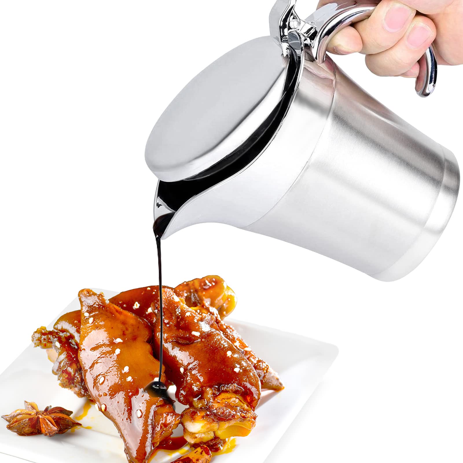 Stainless Steel Gravy Boat, Double Insulated Gravy Sauce Jug with Hinged Lid for Family Dinner, Thanksgiving, Halloween, Christmas (450ml-16oz -Silver)