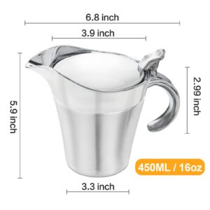 Stainless Steel Gravy Boat, Double Insulated Gravy Sauce Jug with Hinged Lid for Family Dinner, Thanksgiving, Halloween, Christmas (450ml-16oz -Silver)