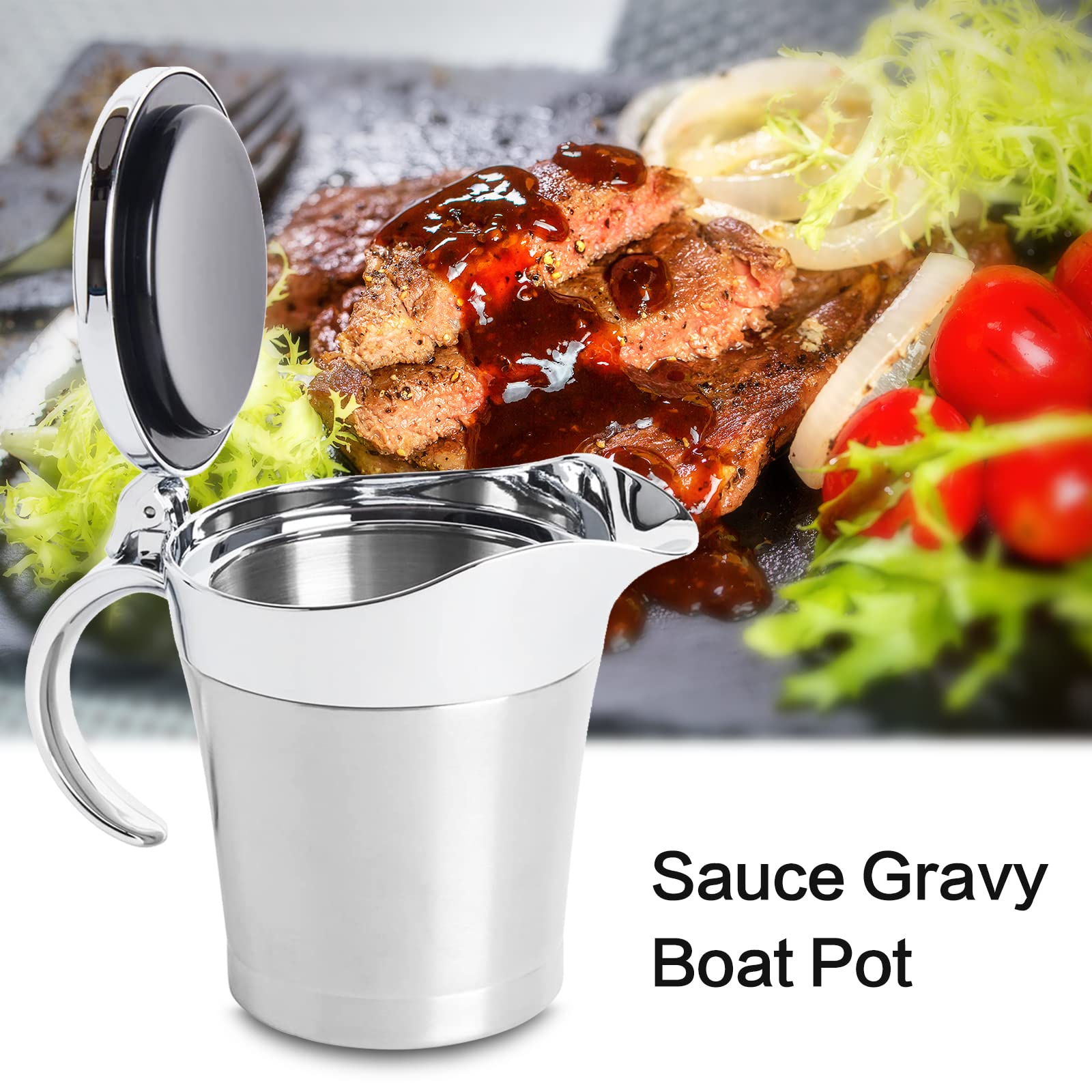 Stainless Steel Gravy Boat, Double Insulated Gravy Sauce Jug with Hinged Lid for Family Dinner, Thanksgiving, Halloween, Christmas (450ml-16oz -Silver)