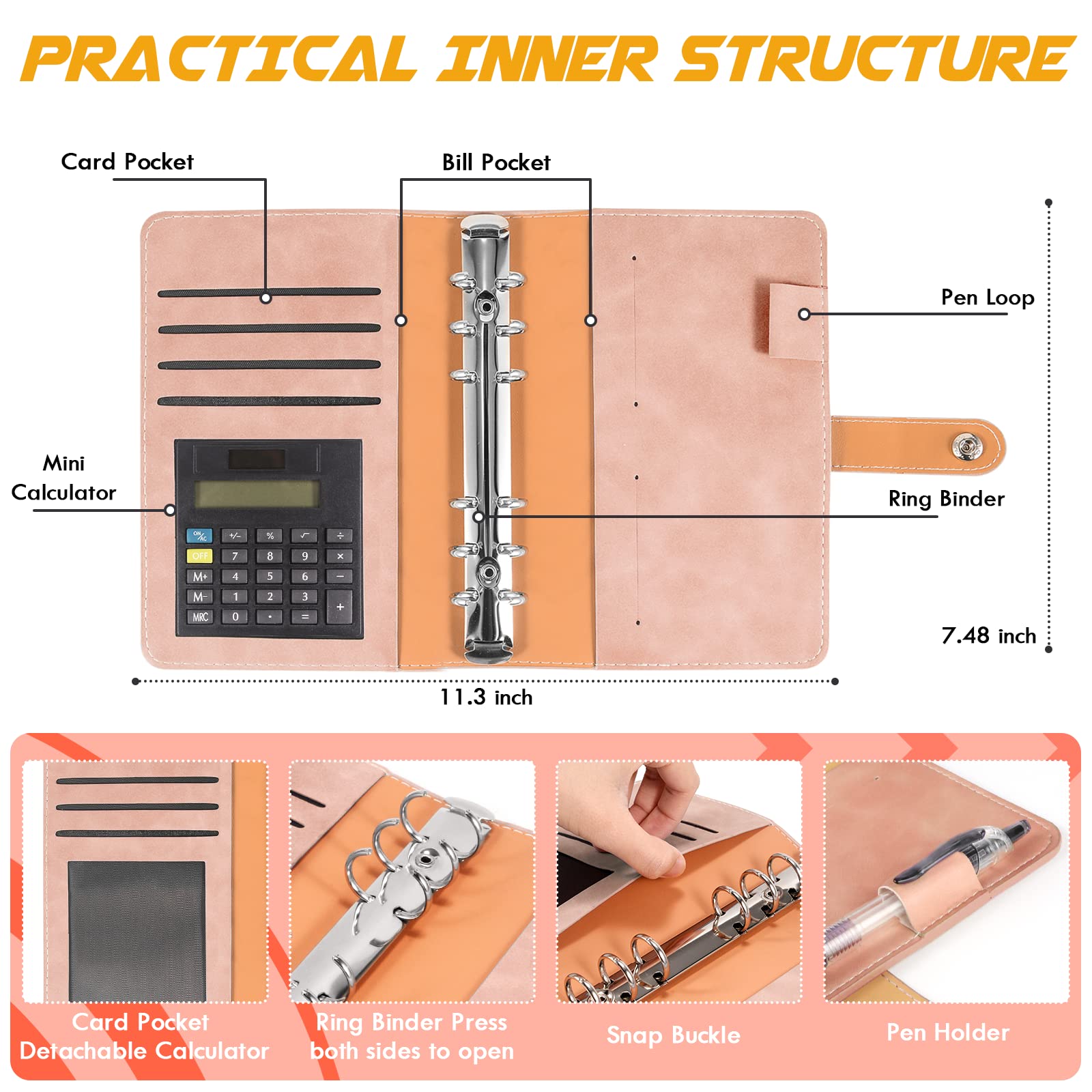 HAKPNEW Budget Binder with Zipper Envelopes, A6 Budget Wallet with Calculator, Cash Envelopes for Budgeting and Budget Sheets, Money Saving Binder for Budget Planner Office Home School Pink