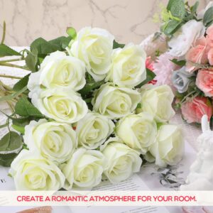 Jexine 100 Pieces Artificial Roses Flowers Bulk, Long Stem Realistic Fake Silk Roses Bouquet for Table Centerpiece Vases Wedding Party Home Kitchen Decor (White)