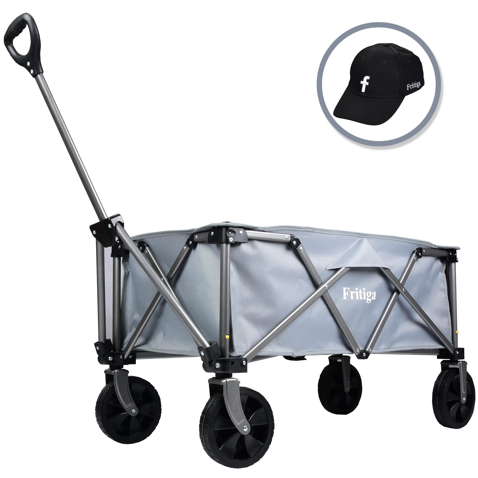 FRITIGA Collapsible Wagon Cart, Folding Beach Wagon for Sand, Heavy Duty Foldable Utility Shopping Cart with All-Terrain Wheels, Outdoor Garden Portable Grocery Cart (Grey)