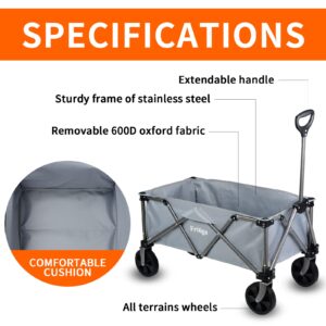 FRITIGA Collapsible Wagon Cart, Folding Beach Wagon for Sand, Heavy Duty Foldable Utility Shopping Cart with All-Terrain Wheels, Outdoor Garden Portable Grocery Cart (Grey)