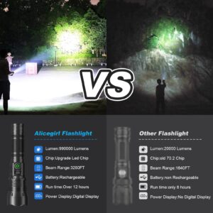 Alicegirl Flashlights High Lumens Rechargeable - 990000 Lumen LED Brightest Flashlight with LCD Digital Display, 5 Modes, IPX6 Waterproof Powerful Handheld Flash Light for Camping Home