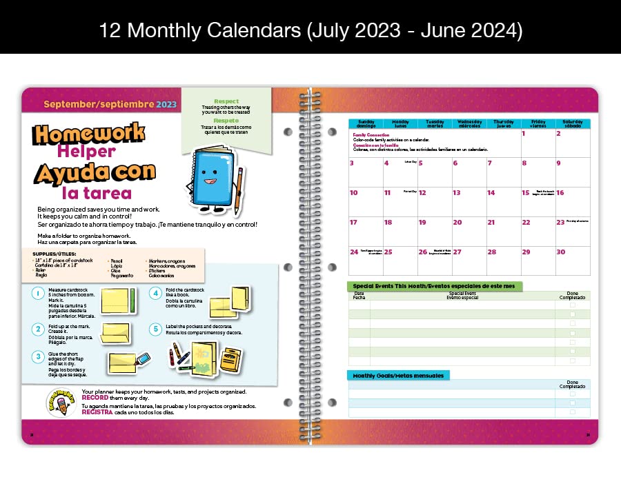 Dated Bilingual Elementary Student Planner for the 2023-2024 Academic School Year, Large (8.5" by 11") Matrix Style Datebook with Classic Bilingual Elementary Matrix Cover