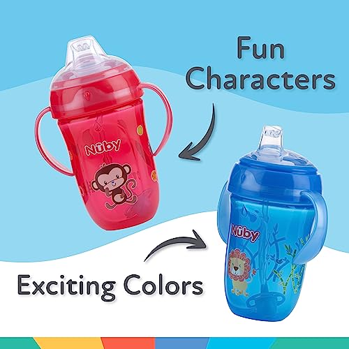 Nuby 2 pack Comfort Trainer 2 Handle Cups with 360 Weighted Straw and Soft Silicone Spout, 9 Oz, Blue Lion and Red Monkey