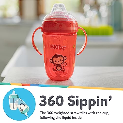 Nuby 2 pack Comfort Trainer 2 Handle Cups with 360 Weighted Straw and Soft Silicone Spout, 9 Oz, Blue Lion and Red Monkey