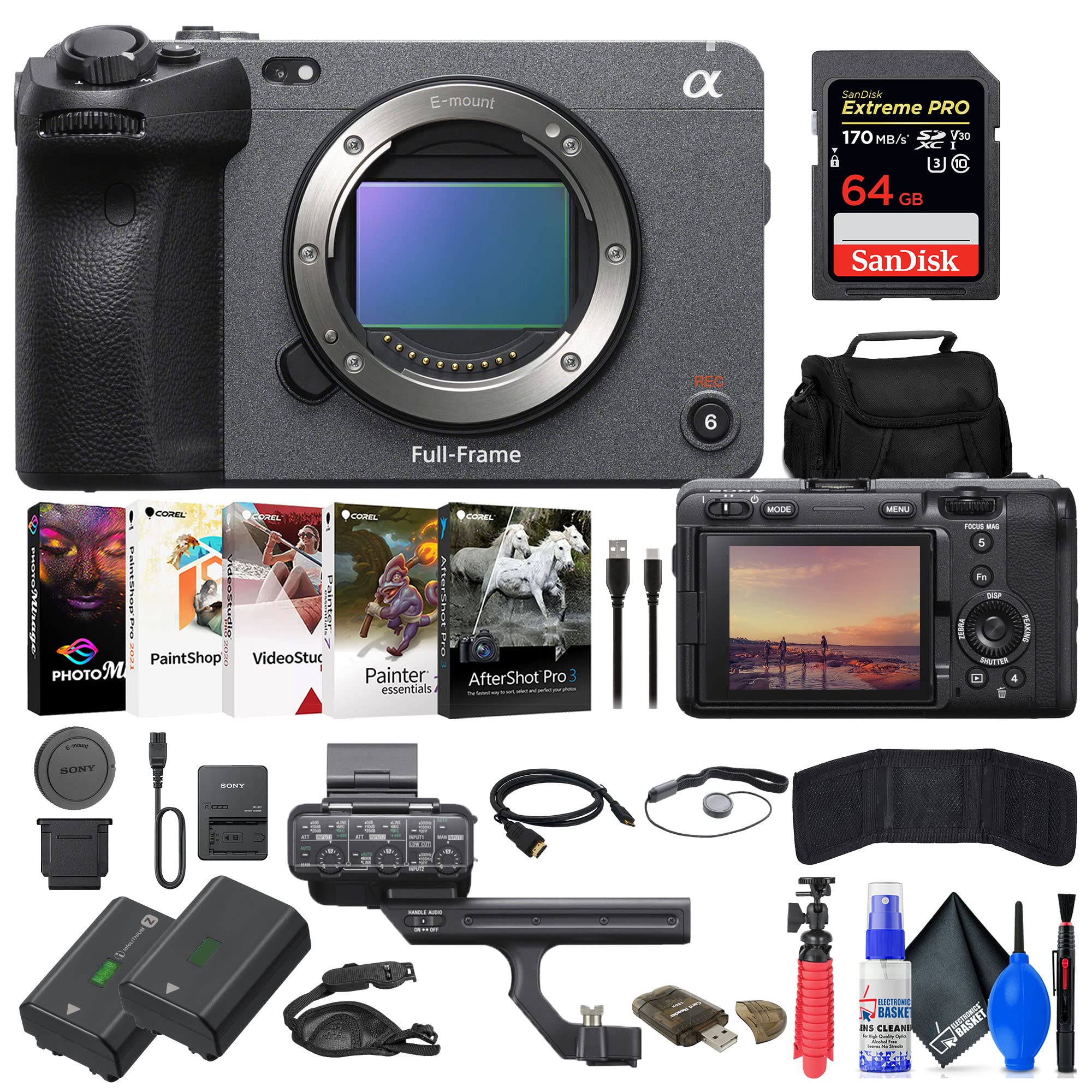 Sony FX3 Full-Frame Cinema Camera (ILME-FX3) + 64GB Memory Card + Bag + NP-FZ100 Compatible Battery + Card Reader + Corel Photo Software + Flex Tripod + Hand Strap + Memory Wallet + More (Renewed)