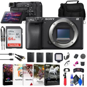 sony a6400 mirrorless camera (ilce-6400/b) + 64gb card + 2 x npf-w50 battery + card reader + led light + corel photo software + case + flex tripod + hand strap + memory wallet + more (renewed)