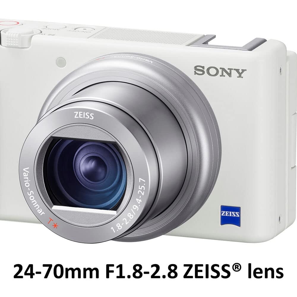 Sony ZV-1 Digital Camera (White) (DCZV1/W) + 64GB Memory Card + Case + 2 x NP-BX1 Battery + Card Reader + LED Light + Corel Photo Software + HDMI Cable + Charger + Flex Tripod + More (Renewed)