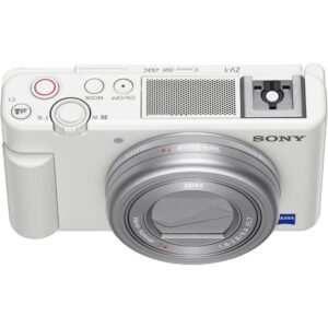 Sony ZV-1 Digital Camera (White) (DCZV1/W) + 64GB Memory Card + Case + 2 x NP-BX1 Battery + Card Reader + LED Light + Corel Photo Software + HDMI Cable + Charger + Flex Tripod + More (Renewed)