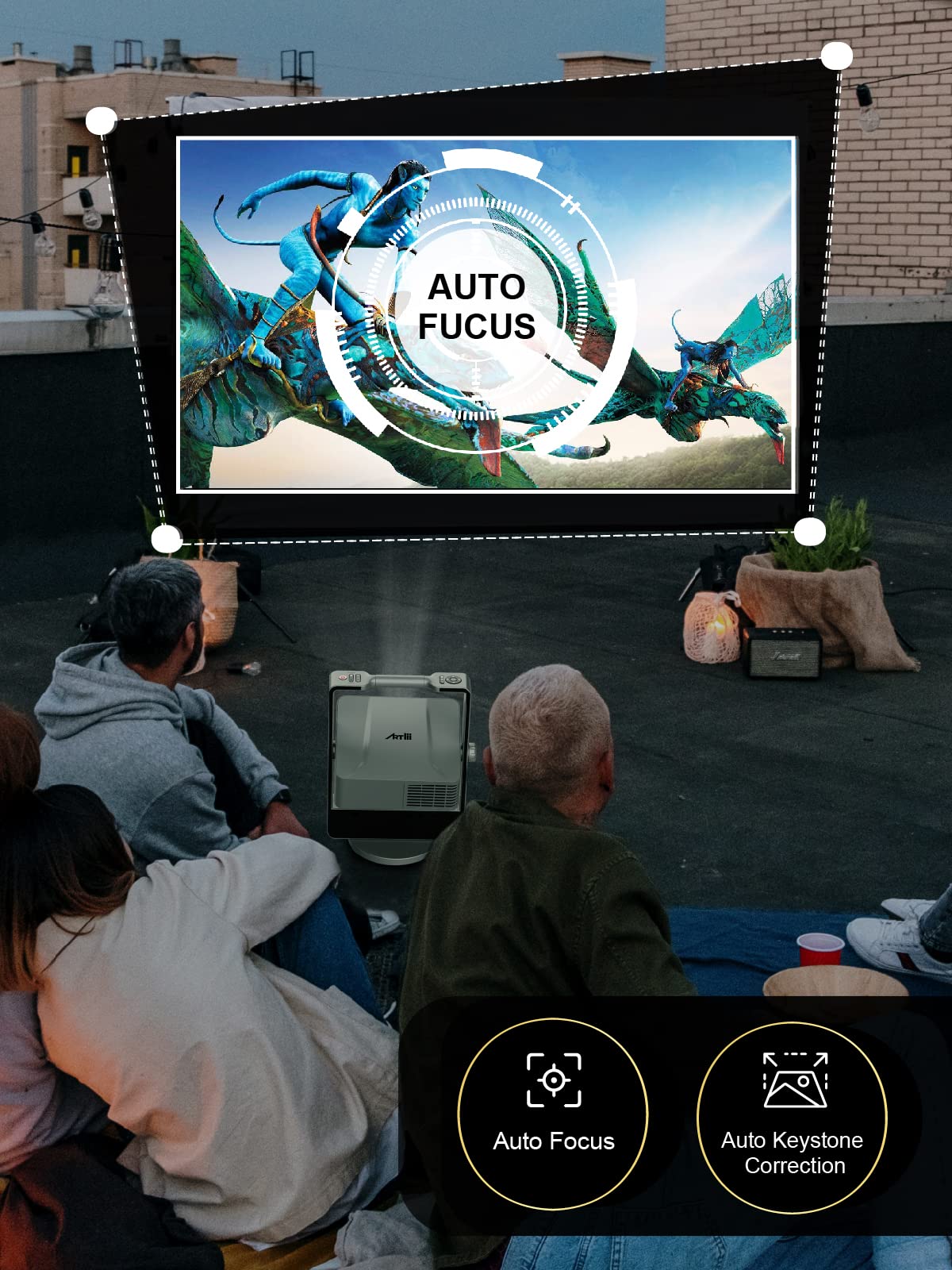 Outdoor Projector, Artlii Rubicon 4K Projector, Auto Focus & Keystone, Dolby Audio, Anti-Direct Eye Protection, 2x10W Speakers with Bass Effect, 5G WiFi/Bluetooth/USB/HDMI