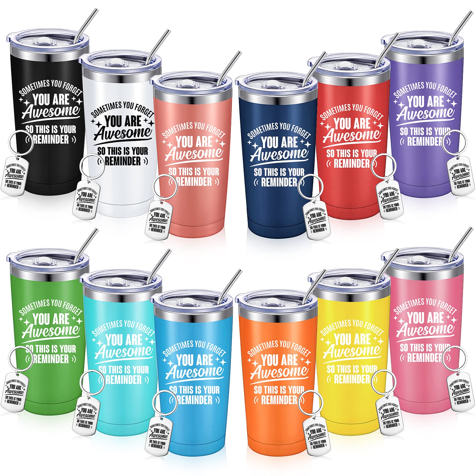 Sieral Employee Appreciation Gifts Bulk Thank You Gifts Inspirational You Are Awesome Tumbler 20 oz Stainless Steel Wine Cup with Keychain for Women Men Coworker(Mixed Color, 12 Sets)